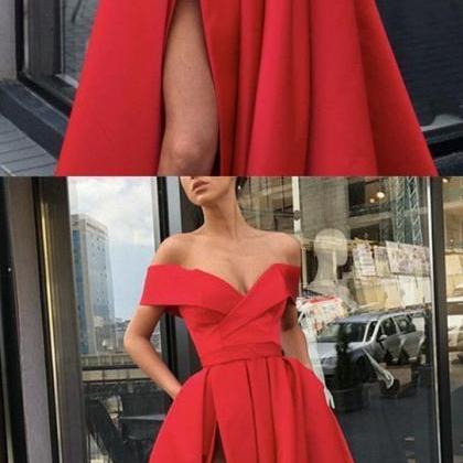 Princess Off The Shoulder Red Prom Dress A Line Formal Evening Gown With High Slit on Luulla