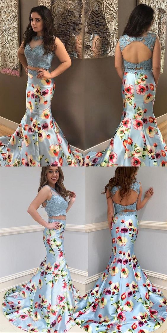 Elegant Two Piece Mermaid Prom Dress With Print, Fashion 2 Piece Light ...