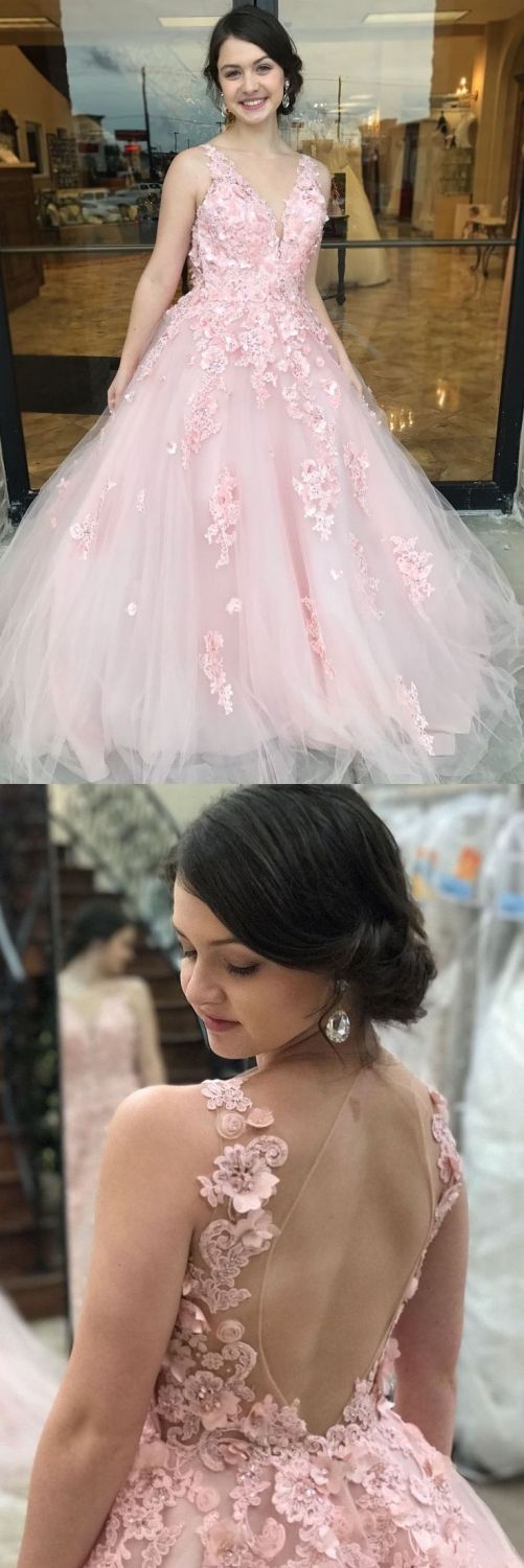 Elegant Pink Tulle Prom Dress With Lace Appliques, Fashion Pink Flower ...