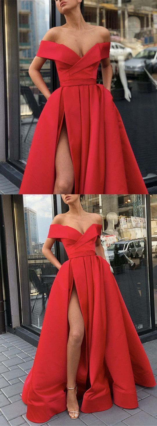 Princess Off The Shoulder Red Prom Dress A Line Formal Evening Gown With High Slit on Luulla