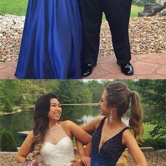 Elegant Navy Blue Prom Dess With Beading, Shiny Beaded Navy Blue Party ...