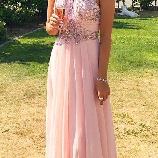 Beautiful Elegant Pink Chiffon Long Prom Dress With Beading Top ...