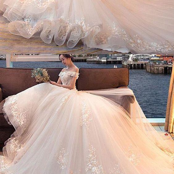 Attractive Tulle Wedding Dress Off The Shoulder Neckline Ball Gown