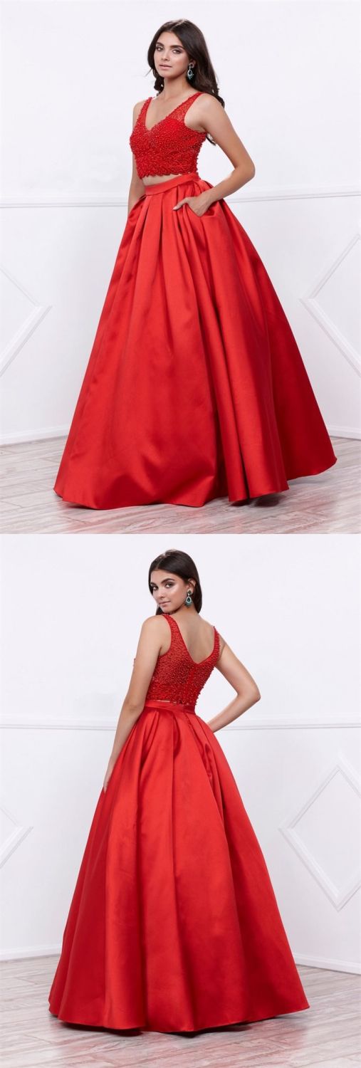Elegant Two Piece Red Prom Dress With Beading, Fashion Red Satin 2 ...