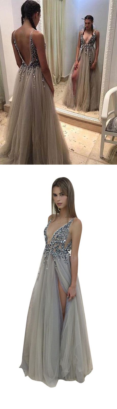 Dramatic A-Line V-Neck Sleeveless Backless Long Prom Dress With Beading ...