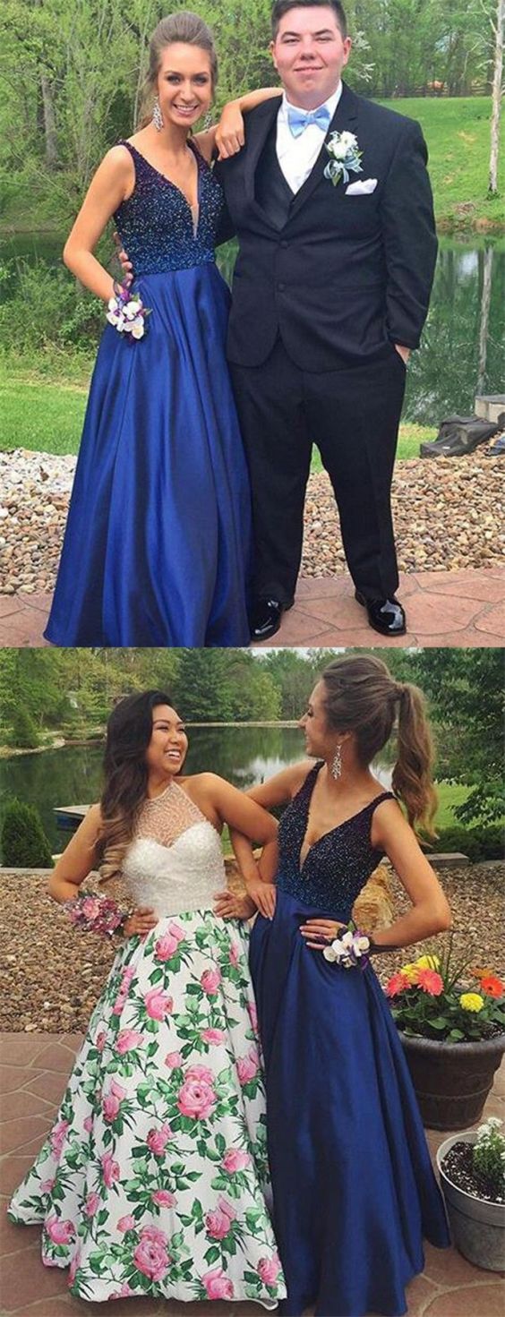 Elegant Navy Blue Prom Dess With Beading, Shiny Beaded Navy Blue Party ...