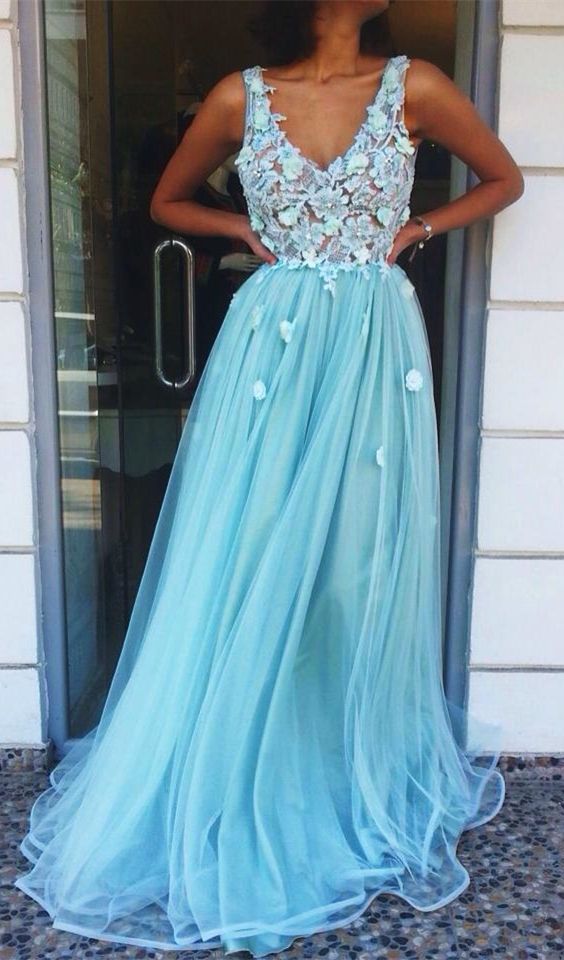 Elegant Light Blue Tulle Prom Dress With Appliques, Fashion Sleeveless ...