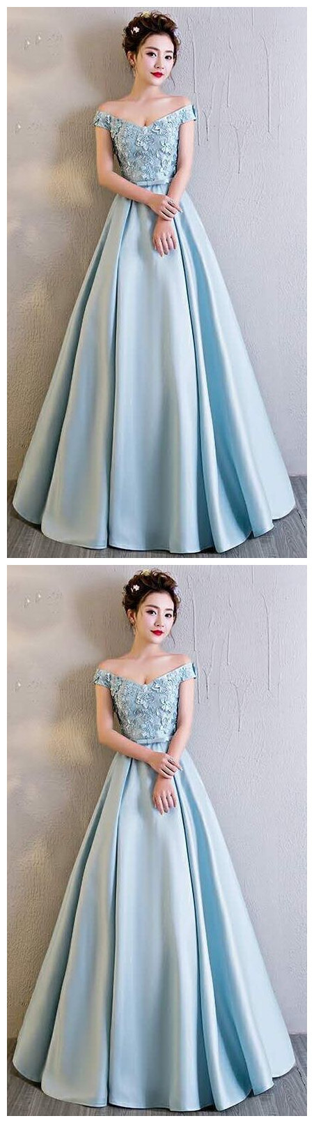 Blue Satin Sweetheart Evening Gown With Flowers on Luulla