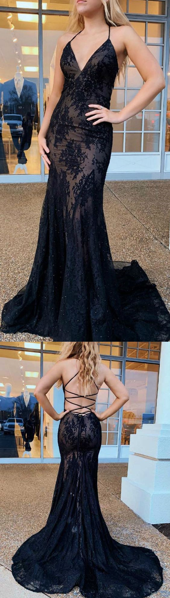 BLACK MERMAID LACE SPAGHETTI STRAPS CROSS STRAPS BACK PROM DRESS on Luulla
